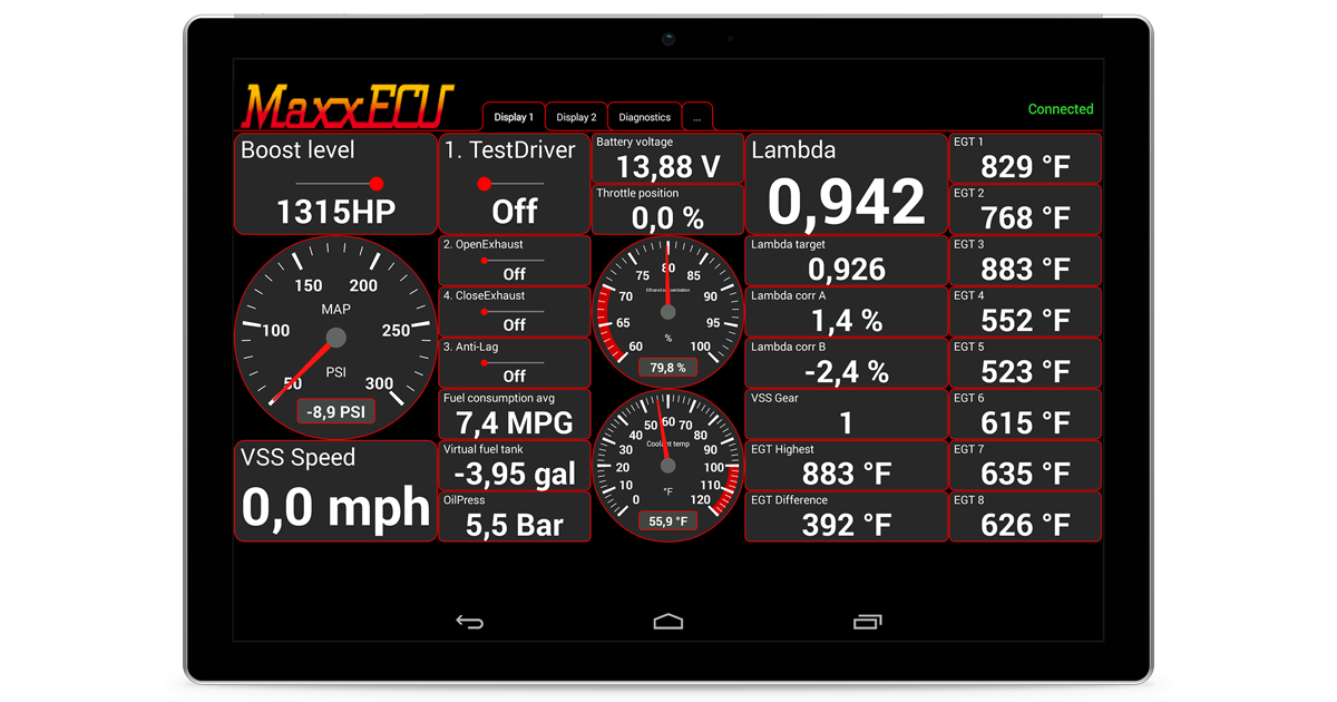 MaxxECU MDash - Android app for real-time data monitoring